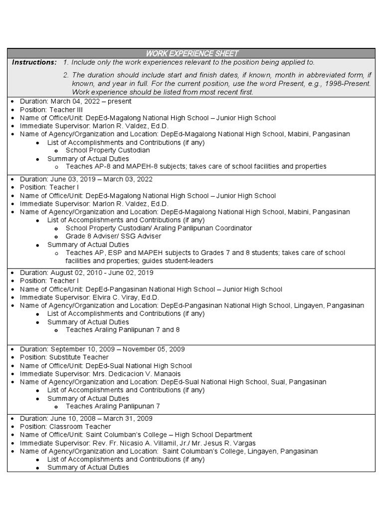 CS Form No. 212 Attachment - Work Experience Sheet Latest | PDF ...