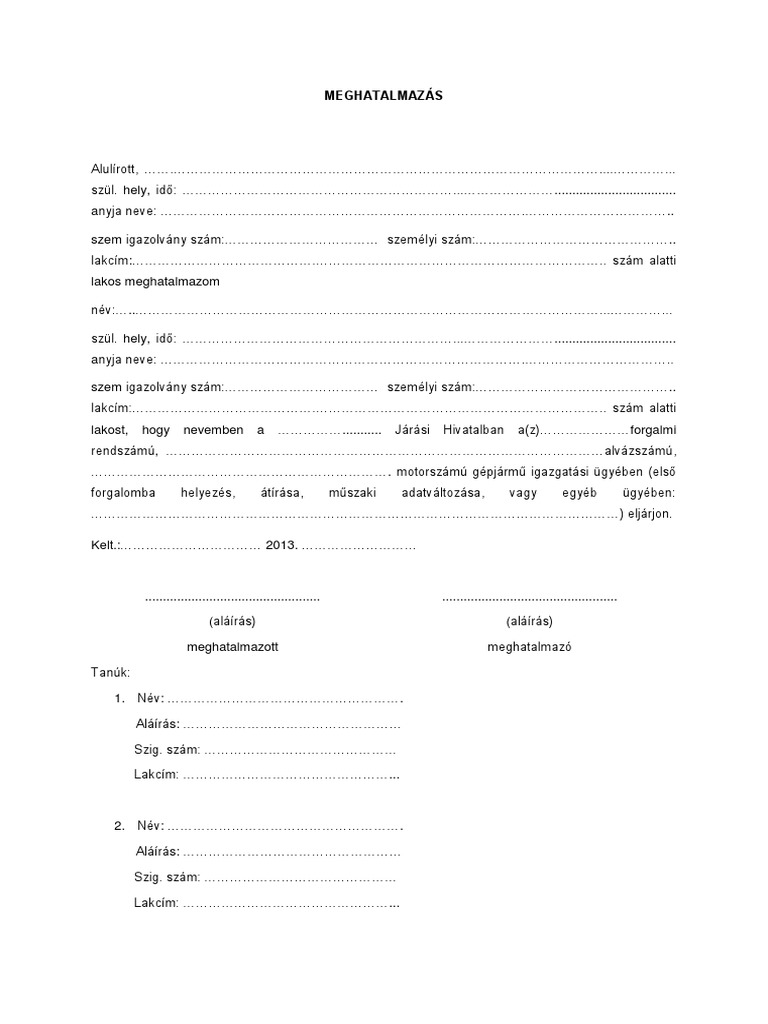 Meghatalmazás Gépjármű Ügyintézéshez | PDF