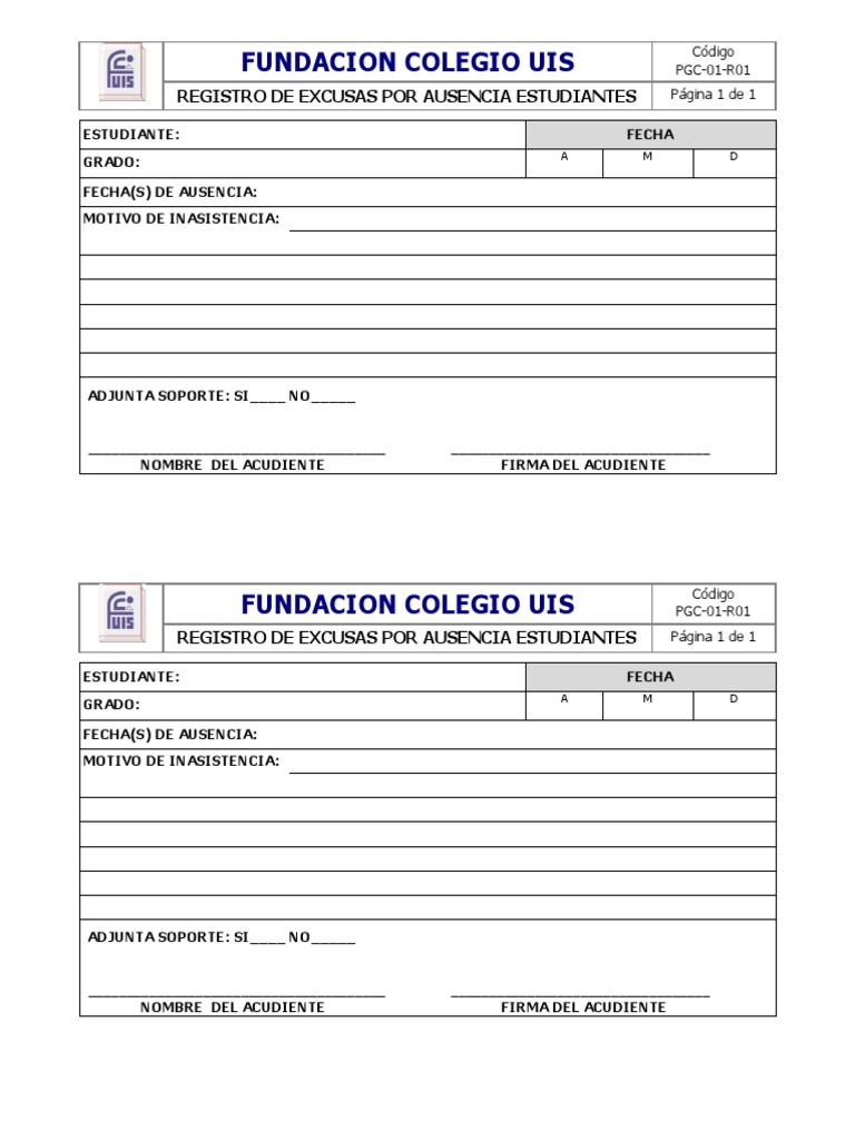 Registro de ausencias estudiantiles y excusas presentadas en el Colegio UIS | PDF