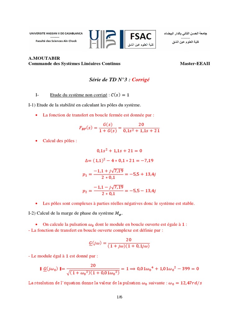 Analyse des Systèmes Linéaires Corrigés | PDF | Mathématiques | Mécanique