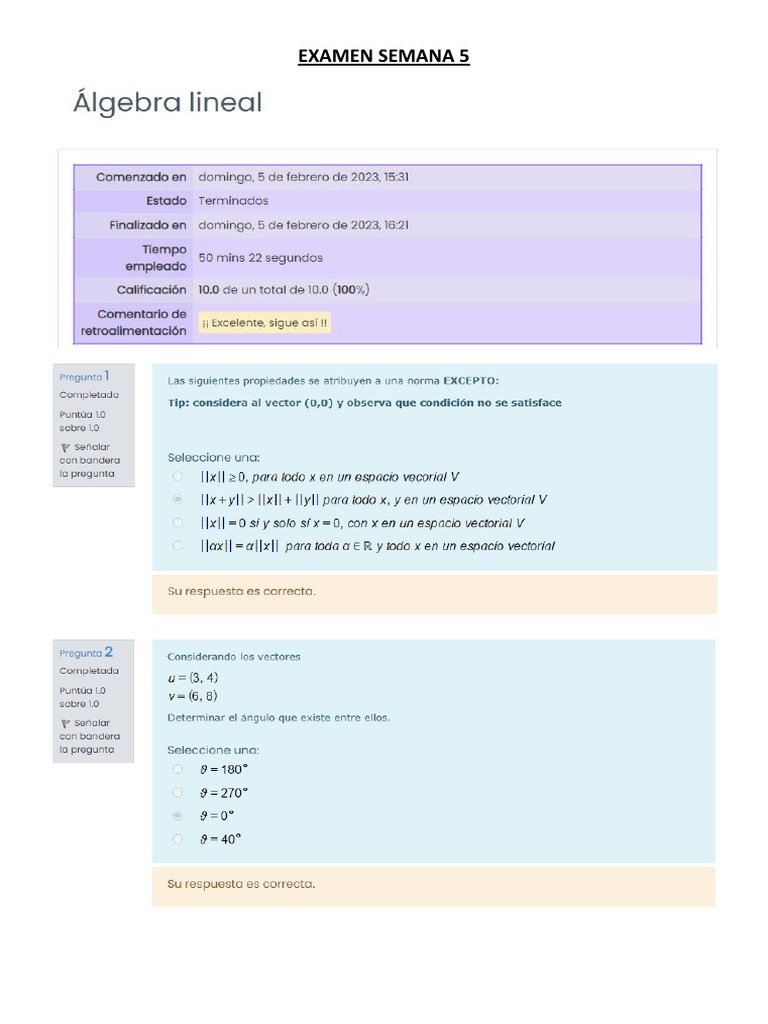 Examen Algebra Lineal Semana 5 | PDF Examen Algebra Lineal Semana 5 | PDF