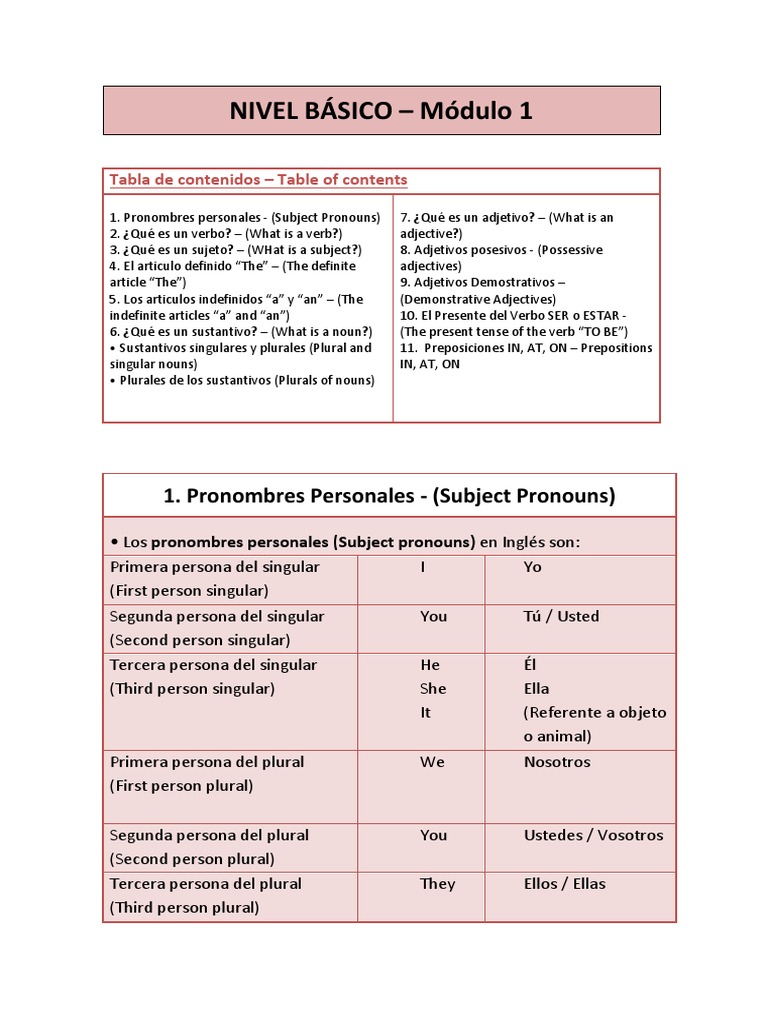 Nivel Básico – Módulo 1: Una Introducción a los Conceptos Básicos de la Gramática Inglesa | PDF ...