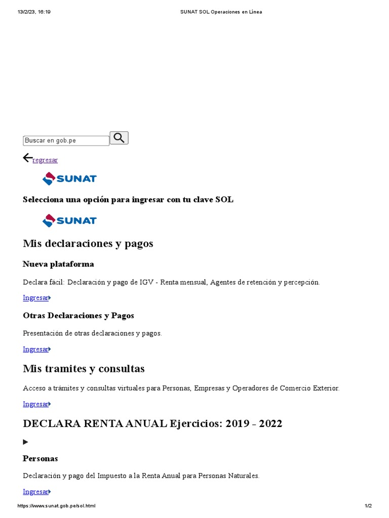 SUNAT SOL Operaciones en Línea | PDF