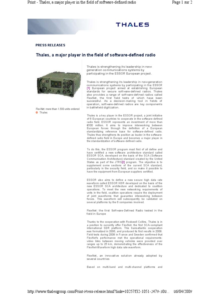 PR Thales SDR and ESSOR - News - 527660090402 - PR - Thales | PDF | Software Defined Radio | Radio