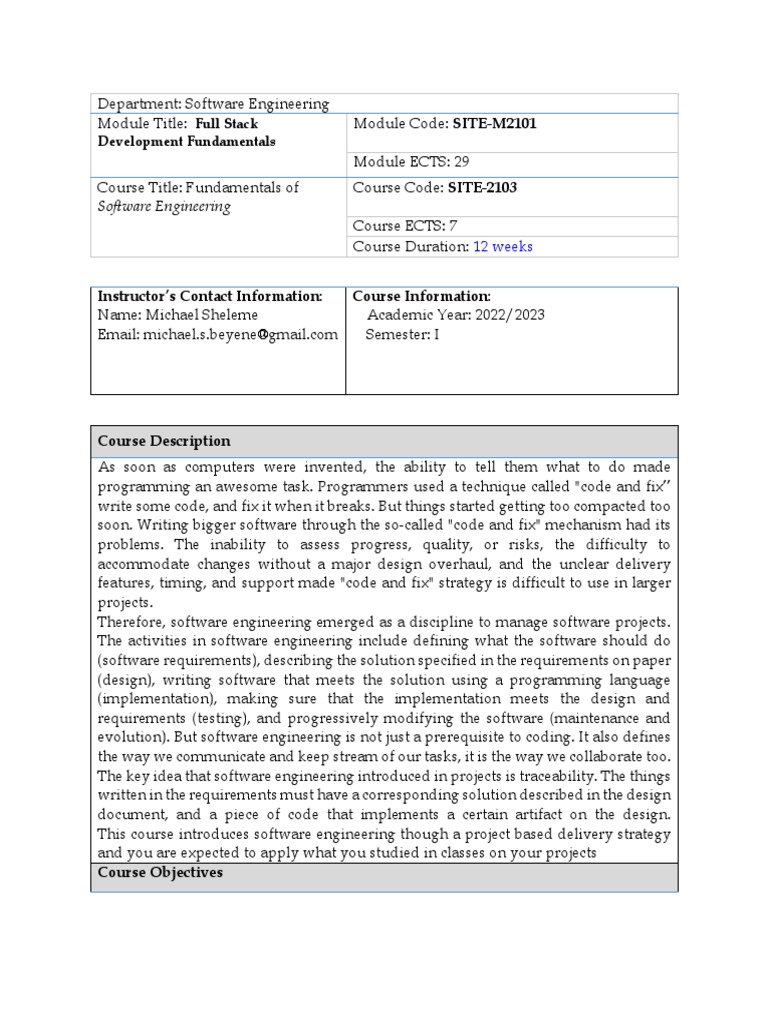 Fundamentals of Software Engineering Course Outline | Download Free PDF | Software Engineering ...