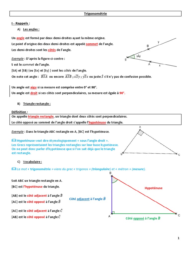 Cours - Trigonométrie - Version Complétée | PDF | Fonction trigonométrique | Triangle