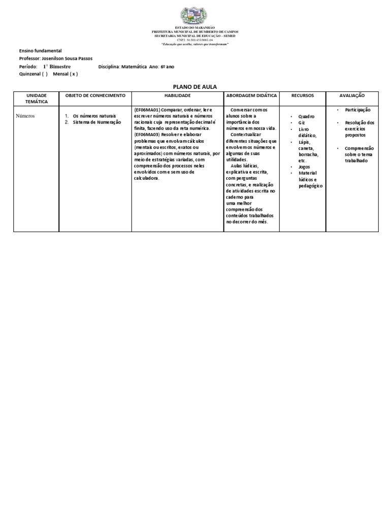 PLANO DE AULA 6 Ano | Download grátis PDF | Pedagogia