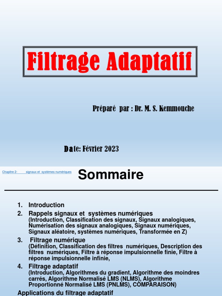 Filtrage Adaptatif des Signaux Numériques | PDF | Échantillonnage ...