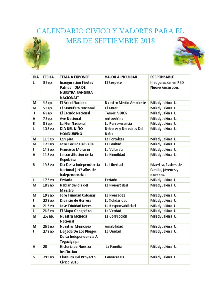 Calendario Civico y Valores para El Mes de Septiembre 2018 | PDF