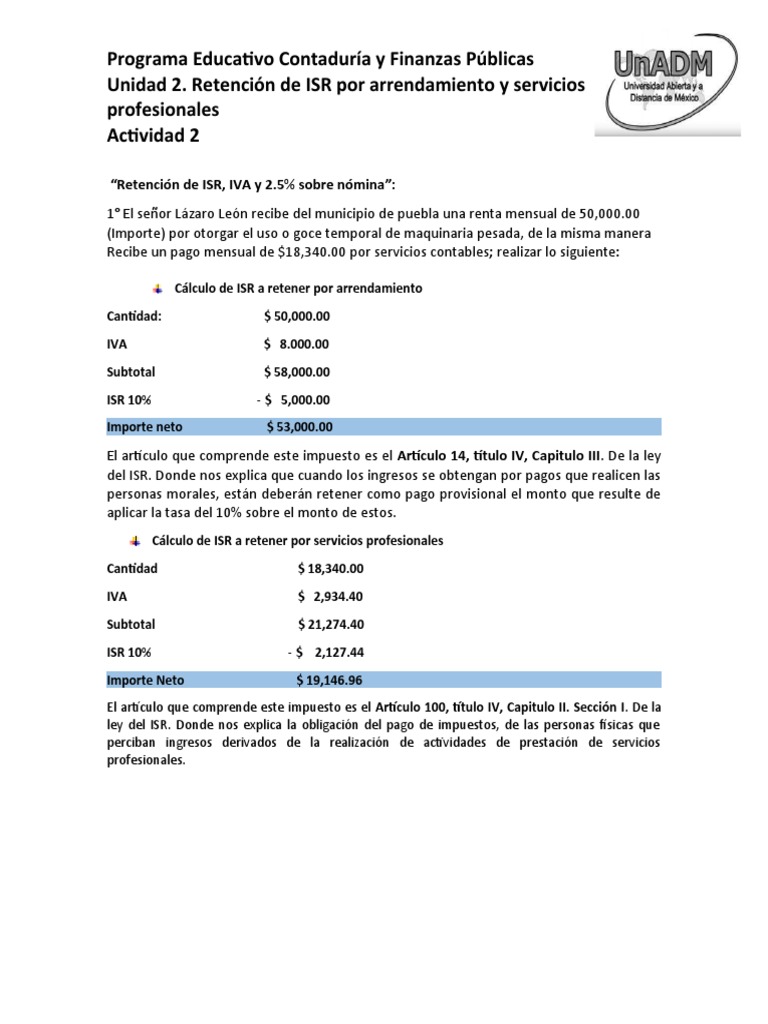Retención de ISR, IVA y 2.5% Sobre Nómina | PDF