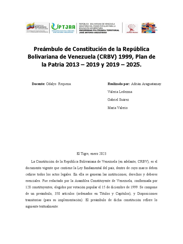 Preámbulo de Constitución de La República Bolivariana de Venezuela ...