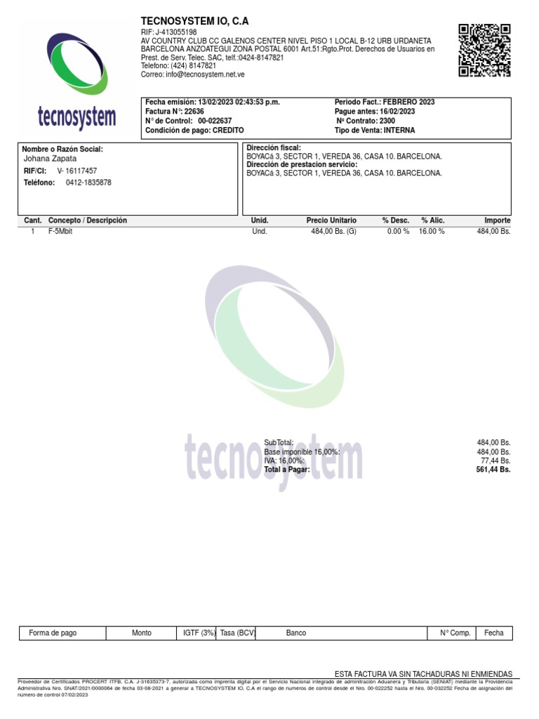 Factura TECNOSYSTEM Barcelona Feb 2023 | PDF