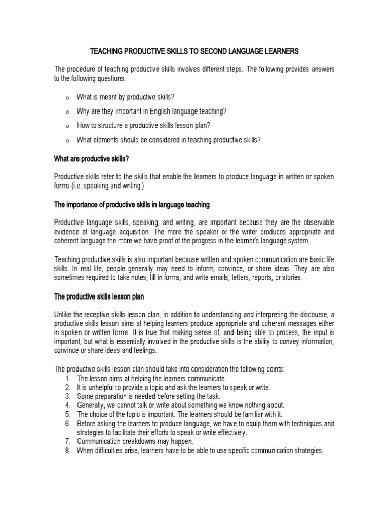 Teaching Productive Skills in ESL | PDF | Communication | Ellipsis