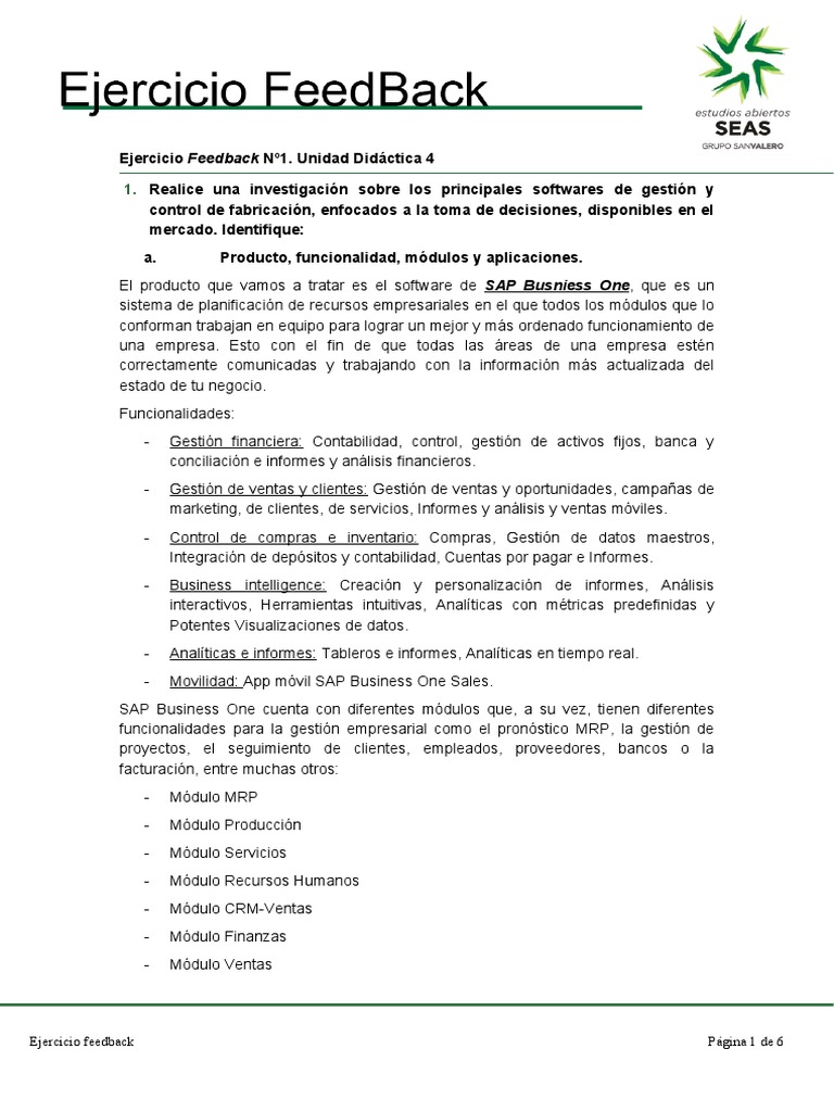 Ejercicio Feedback U.4 Arturo Rived | PDF | Planificación de recursos empresariales | Ciencias ...