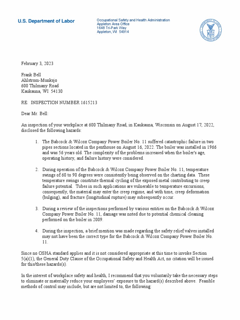 OSHA Letter Regarding Kaukauna Mill Death | Download Free PDF | Boiler ...