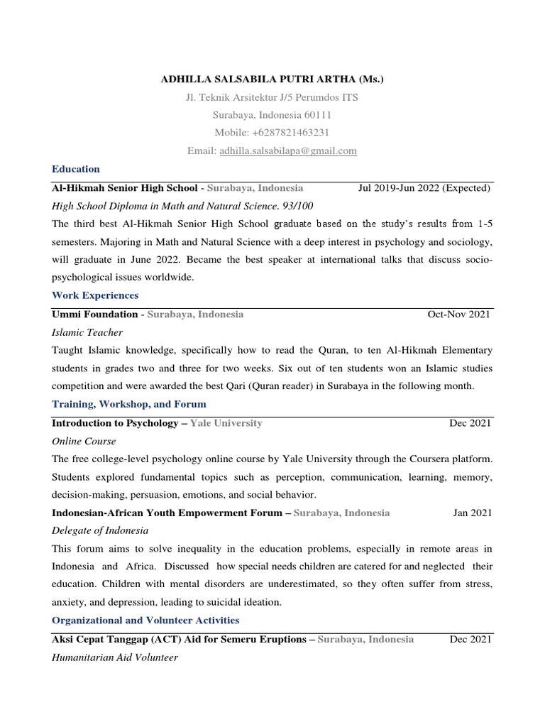 Adhilla Salsabila CV | PDF | Psychology | Mathematics