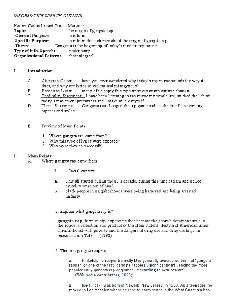 Informative Speech - Outline Final | PDF | Hip Hop Music | Entertainment