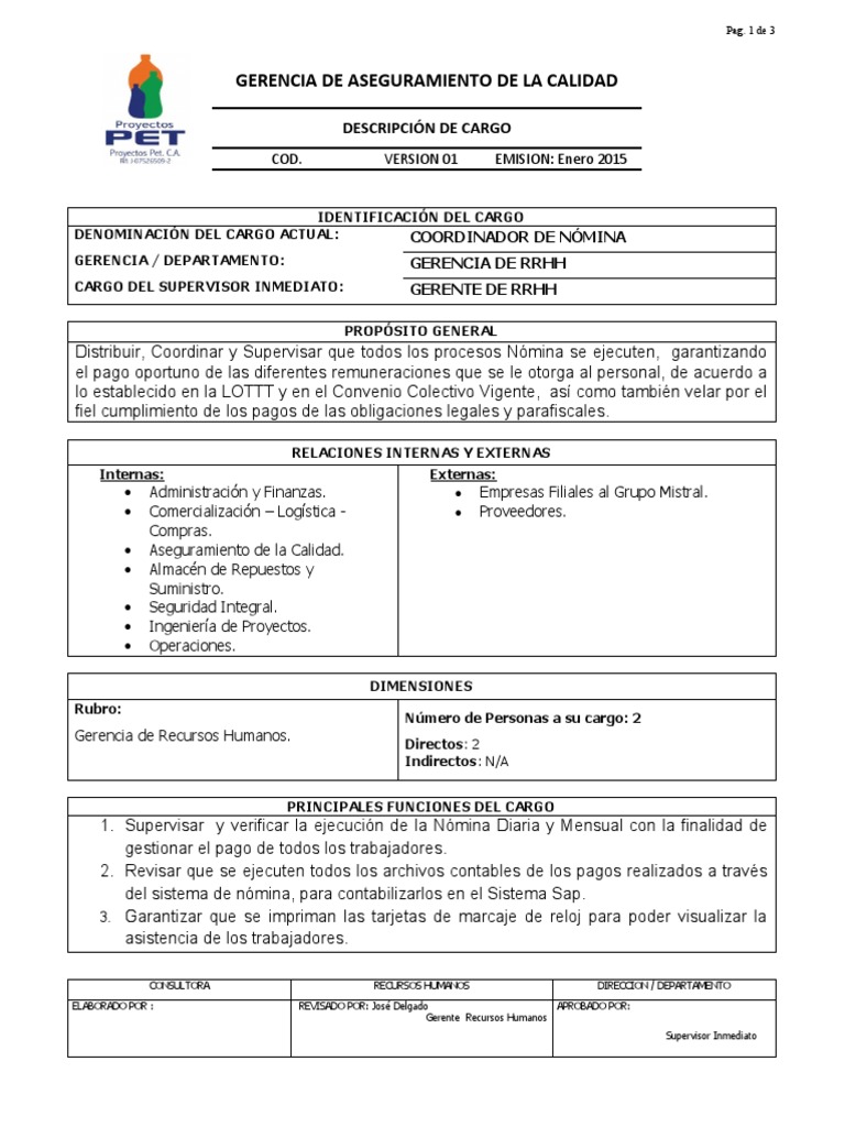 Descripcion de Cargo Coordinador de Nomina | PDF | Gestión de recursos humanos | Salario