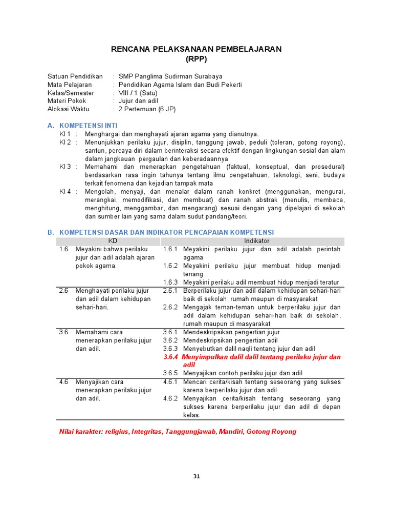 RPP PAI K8 K13 - JUJUR DAN ADILdoc | PDF