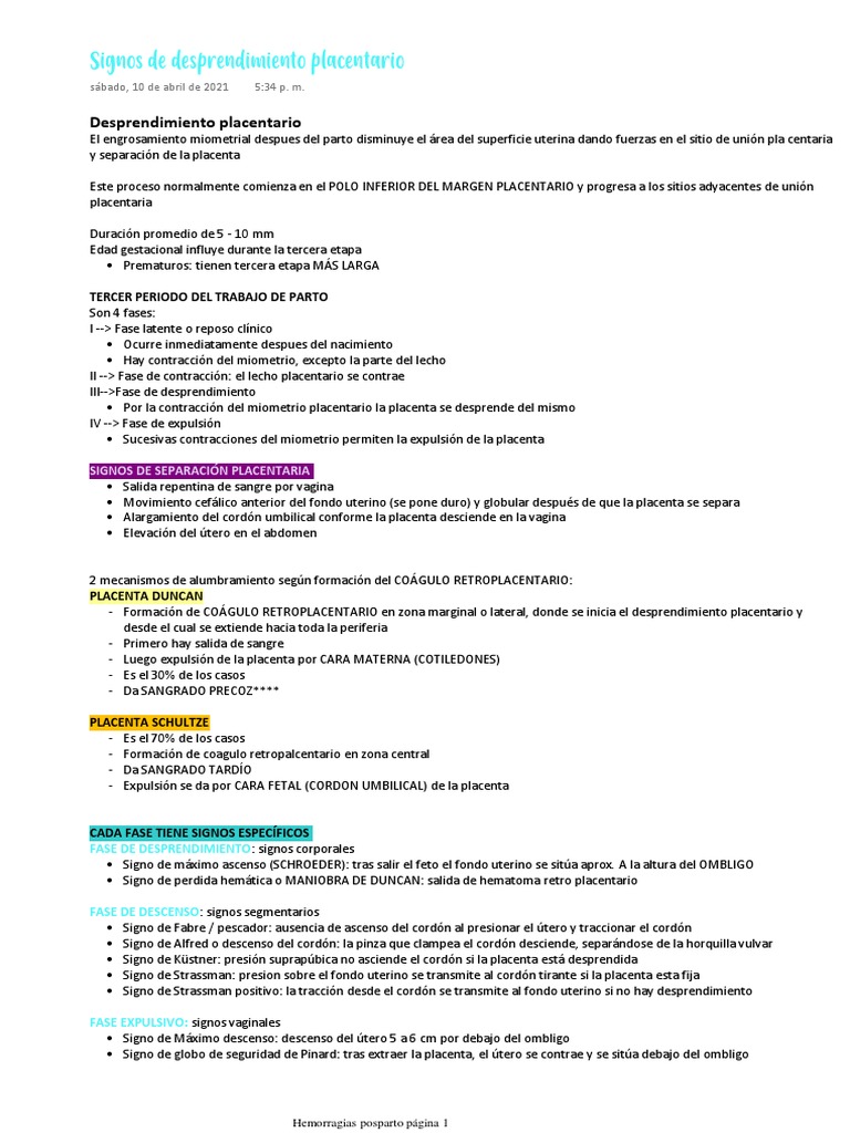 Signos de Desprendimiento Placentario | PDF