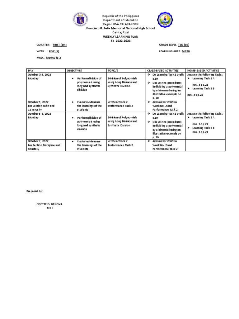Math 10 WLP Week 6 2022 2023 | PDF | Behavior Modification | Numerical Analysis