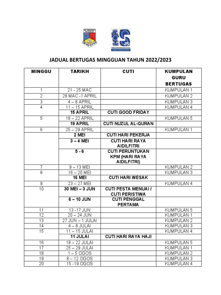 Jadual Bertugas Mingguan Tahun 2022 | PDF