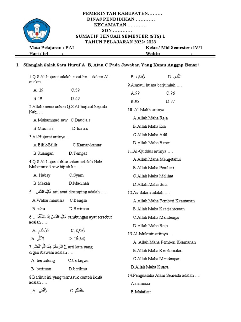 Soal Pai Kelas 4 Sts 1 TP 2022-2023 | PDF