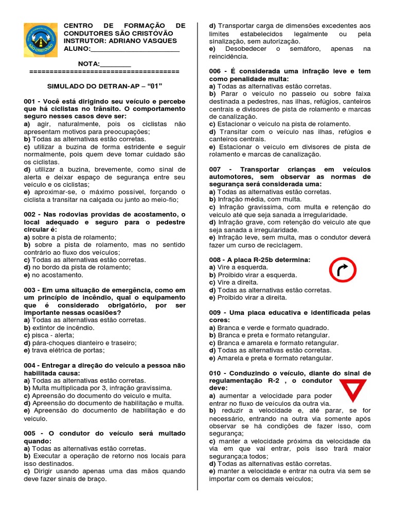01 - Simulado Do Detran-Ap | Download grátis PDF | Tráfego | Transporte