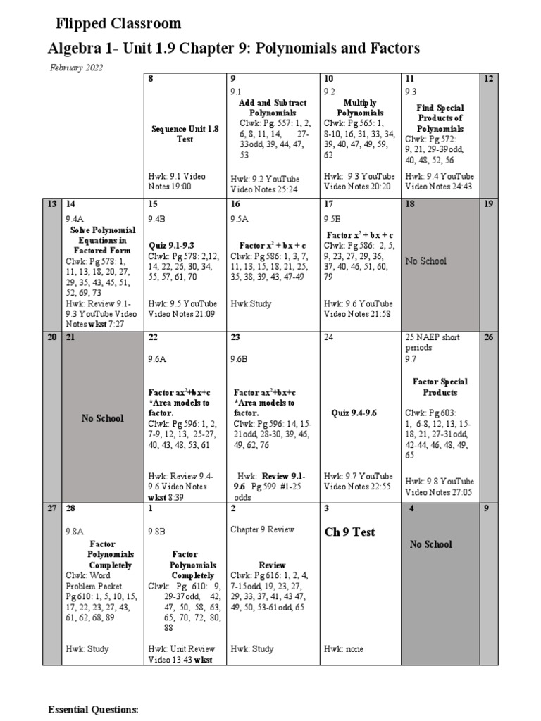 Algebra Flipped Class Unit 1.9 CH 9 2022 | PDF