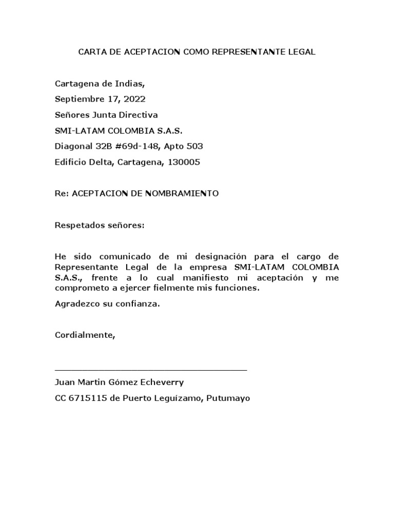 Carta de Aceptacion Como Representante Legal | PDF | Gobierno