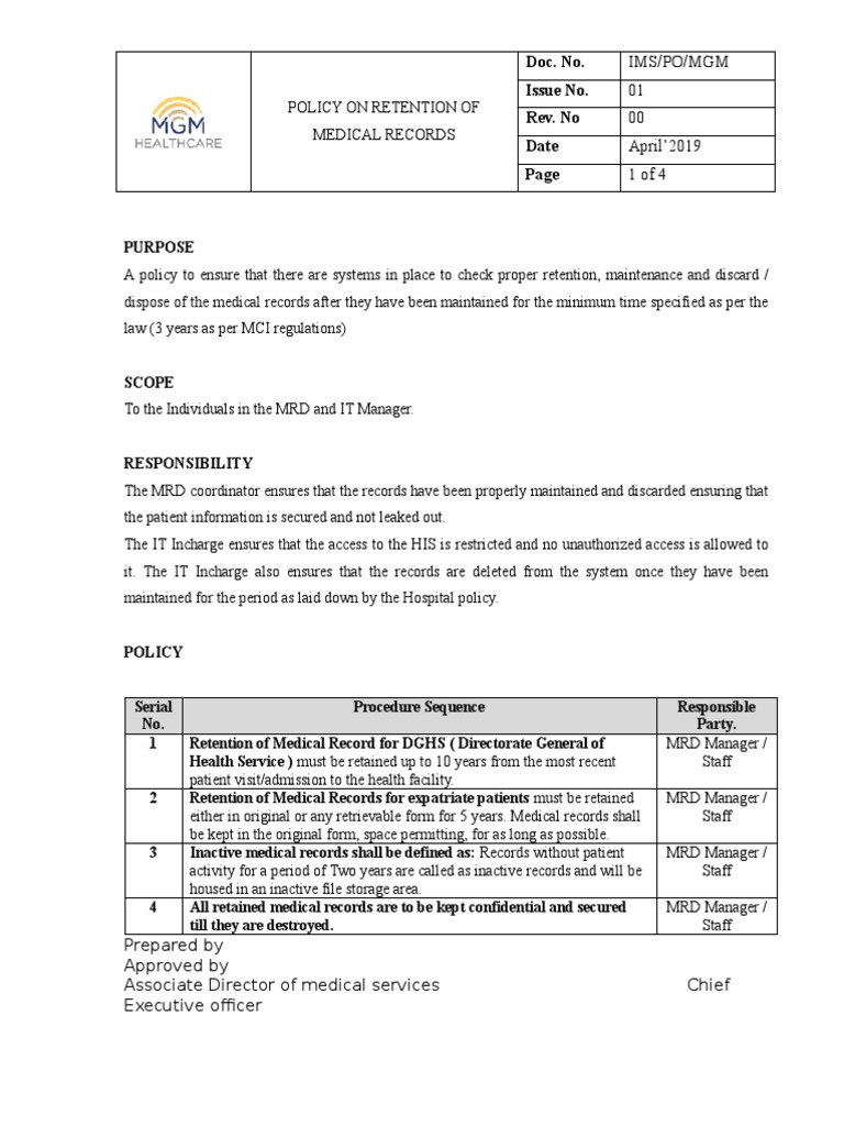 Policy On Retention of Medical Records | PDF | Medical Record | Public ...