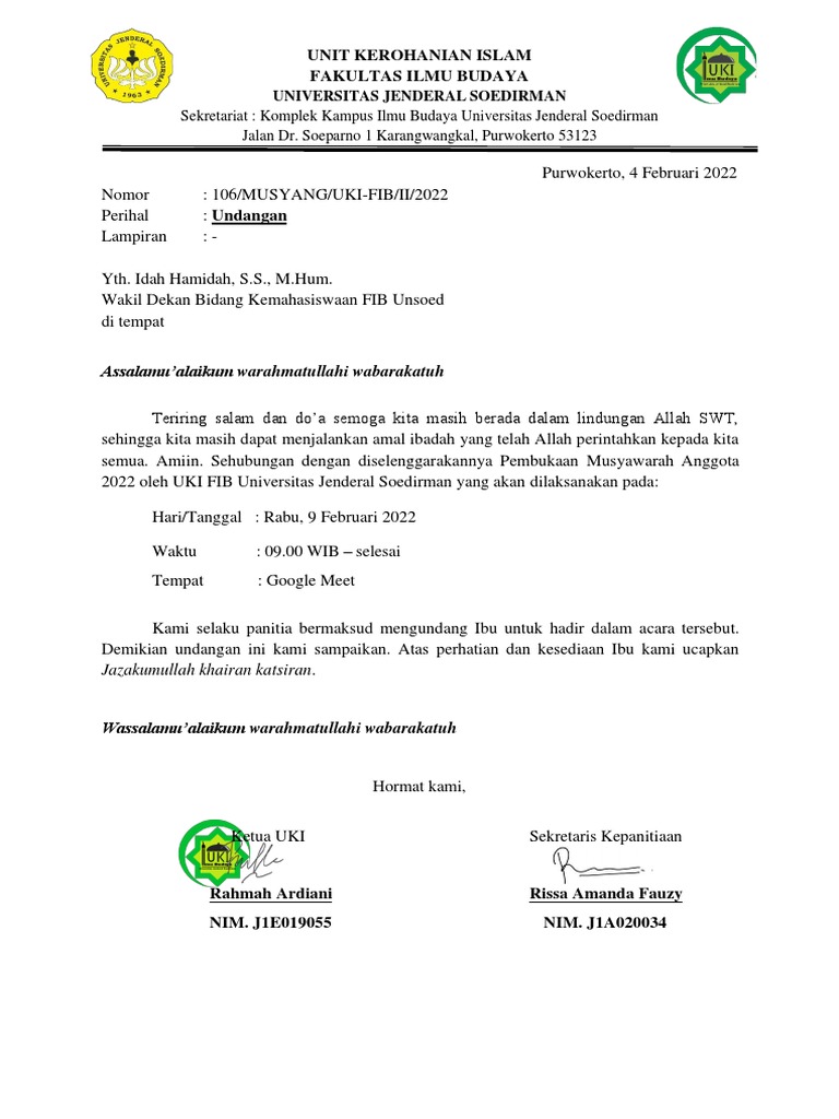 Undangan Musyawarah UKI FIB Unsoed 2022 | PDF