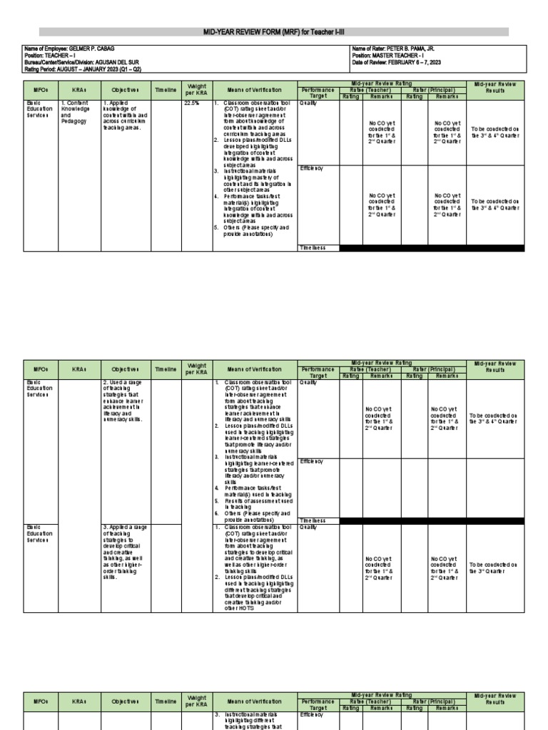 Mid-Year Review Form | PDF | Lesson Plan | Learning