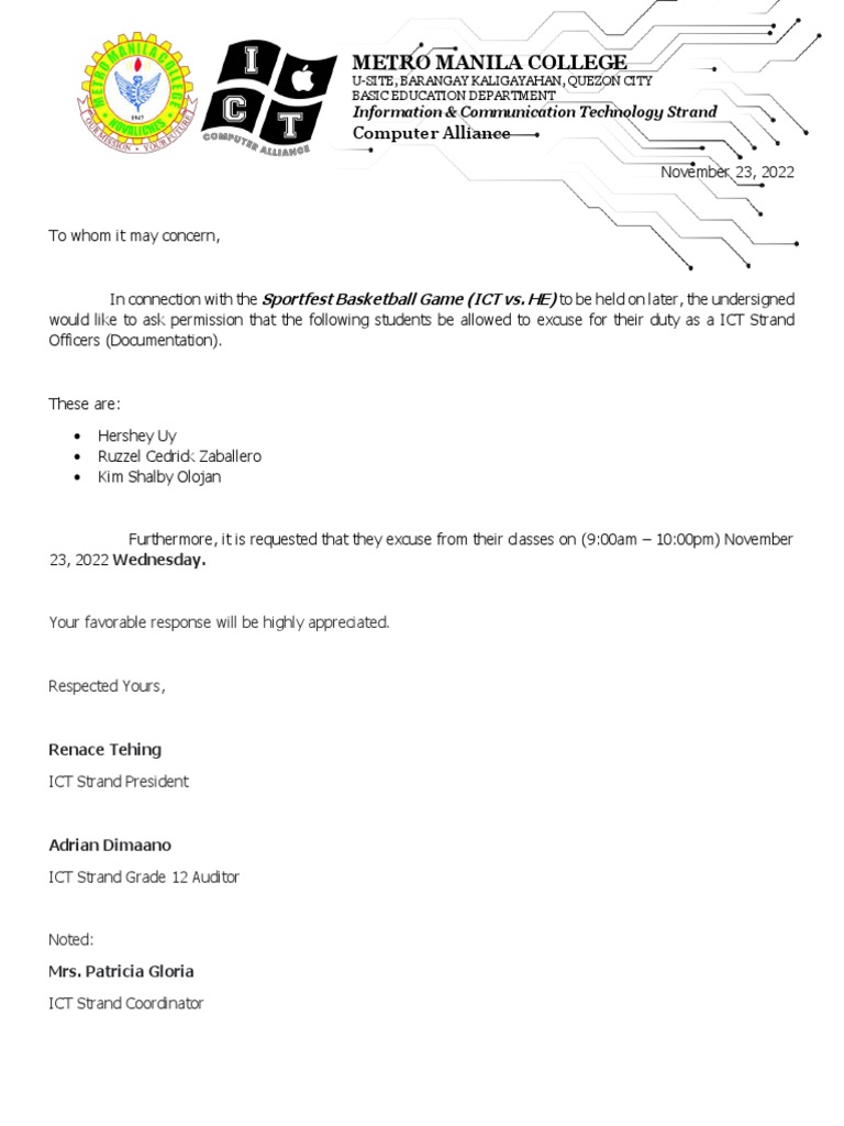 Excuse Letter For Sportfest | PDF