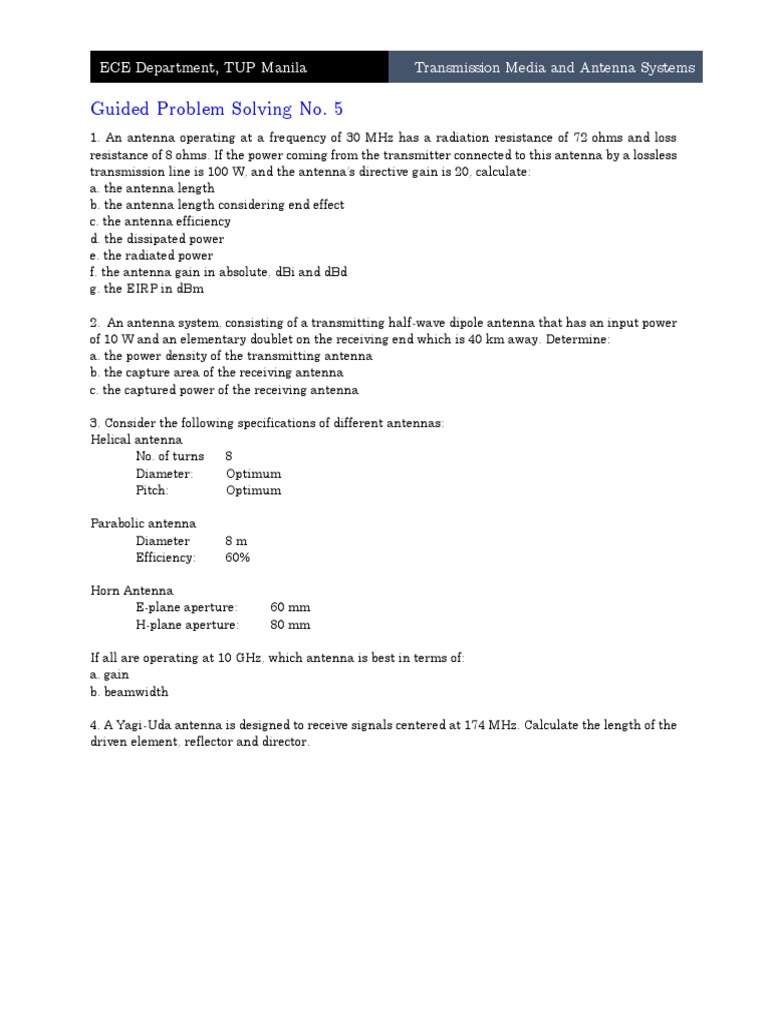 Guided Problem Solving On Transmission Media and Antenna System No. 5 | PDF