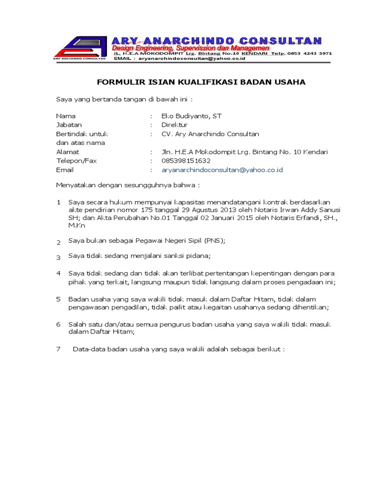 Formulir Kualifikasi Badan Usaha CV. Ary Anarchindo | PDF