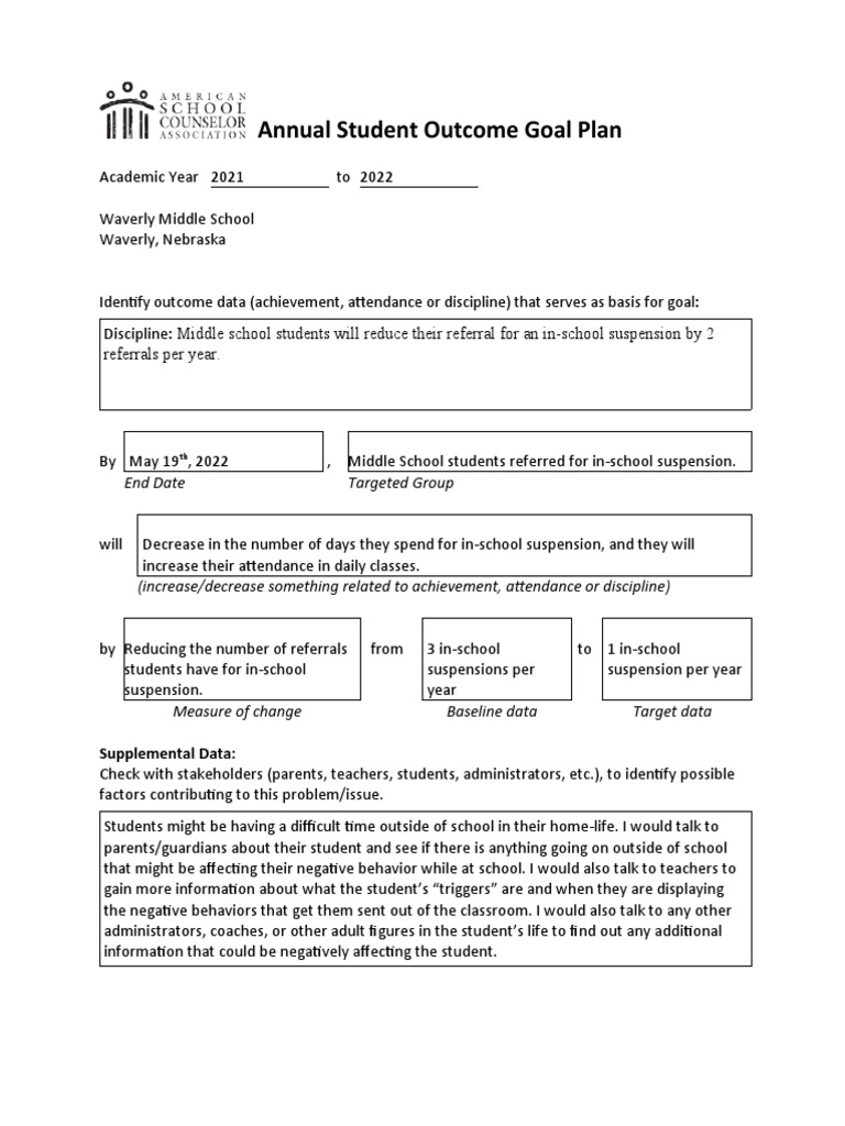 Annual Student Outcome Goal Plan | PDF | School Counselor | Goal