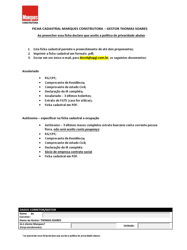 Ficha Cadastral Marques Construtora - THOMAS SOARES | PDF | Renda ...