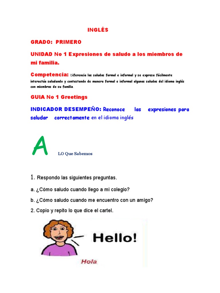 GUIAS DE INGLES UNIDAD 1primer Periodo GRADO 1 | PDF