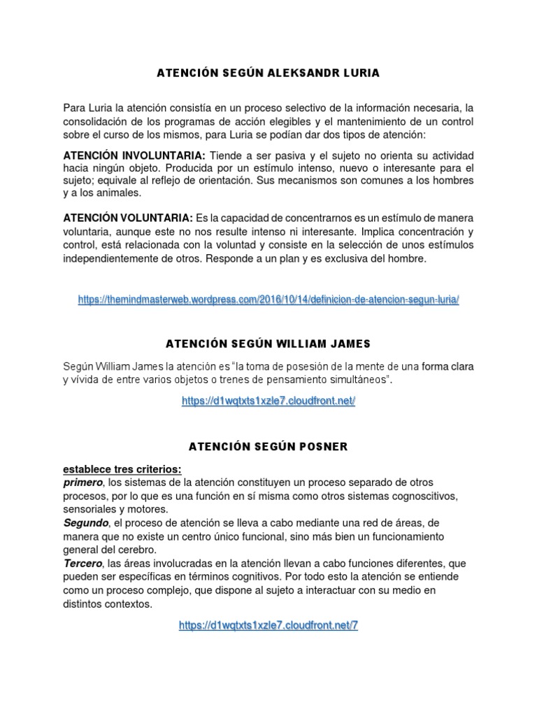Teorías clásicas sobre la atención según Luria, James y Posner | PDF