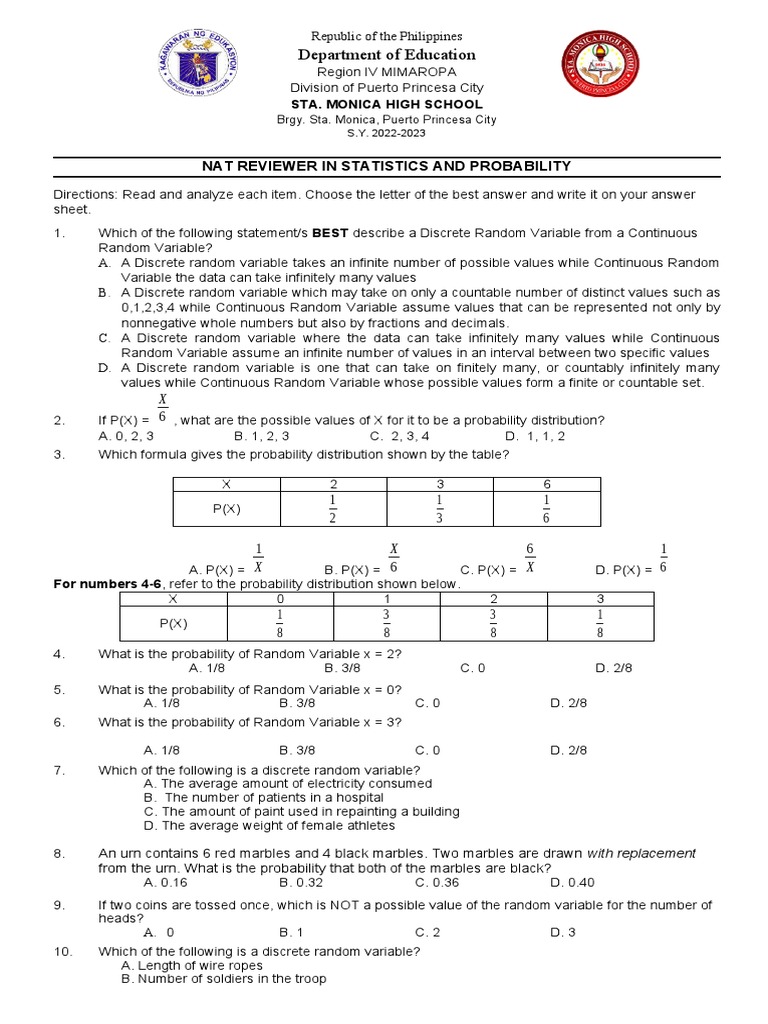 NAT Reviewer Statistics and Probability For Printing | PDF | Standard Deviation | Probability ...
