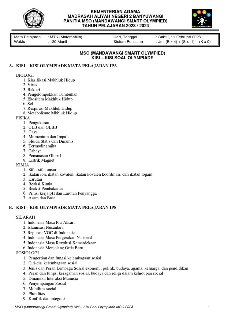 Kisi - Kisi Mso 2023 | PDF