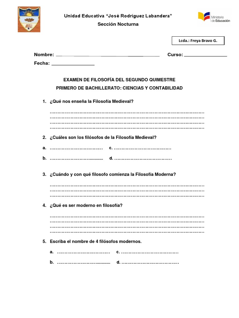 Examen Filosofía 1ros De Bachillerato Pdf