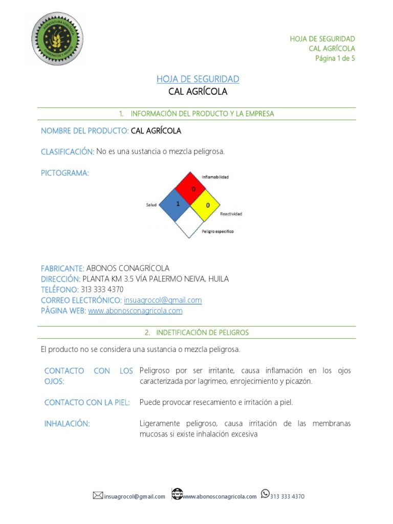 Ficha_seguridad_Cal Agrícola | PDF | Agua | Mercurio (Elemento)