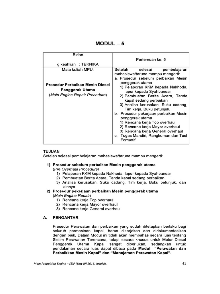 MODUL-5 (Prosedur Perbaikan Mesin Diesel Penggerak Utama) | PDF