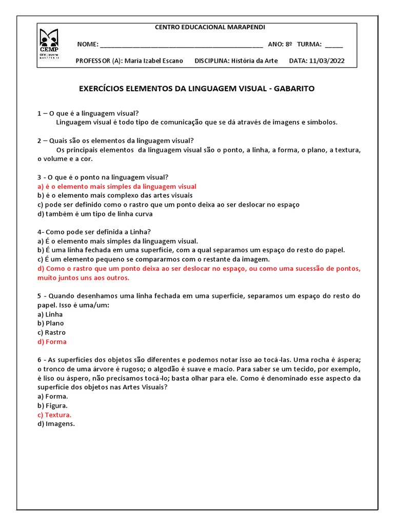 Elementos Da Linguagem Visual Exercicios Gabarito Pdf Arte Abstrata