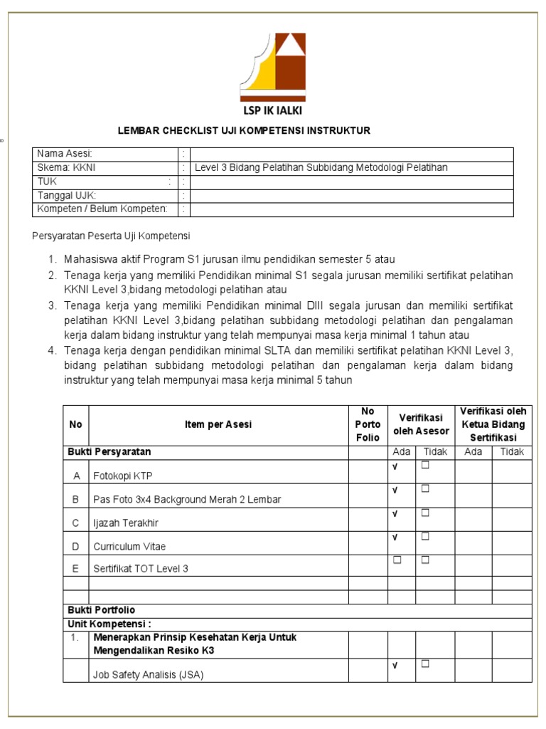 Lembar Checklist Uji Instruktur Level 3 | PDF