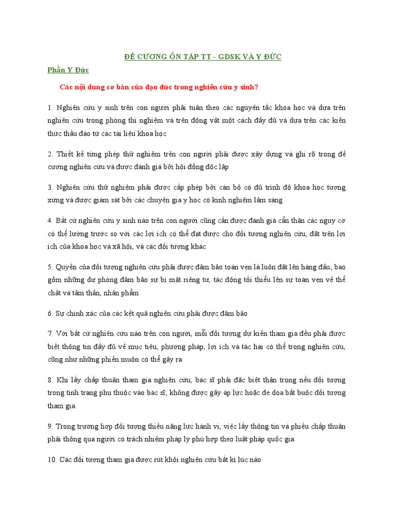 Đề Cương Ôn Tập Tt - Gdsk Và y Đức | PDF