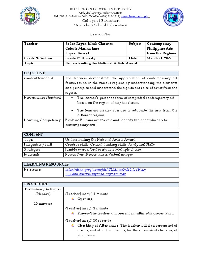 Lesson Plan in Contemporary Arts From The Philippines | PDF | Learning ...