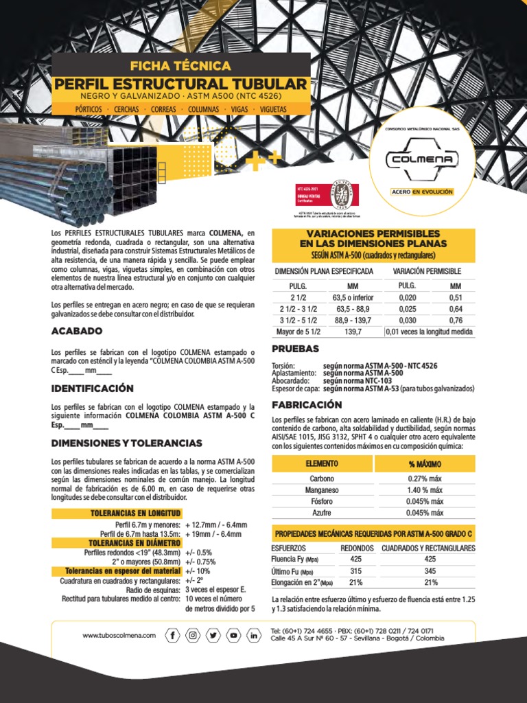 Perfil Estructural Cuadrado Ficha Tecnica Tubos Colmena Pdf